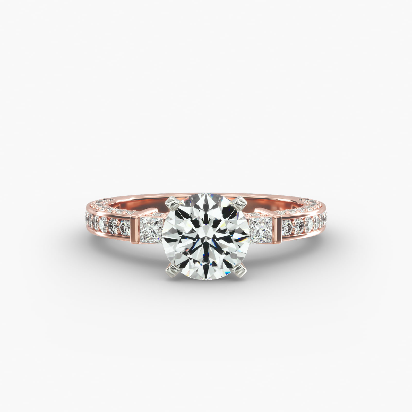 14K Rose Gold Bar Set and Three Sided Pavé Diamond Engagement Ring-11101r14