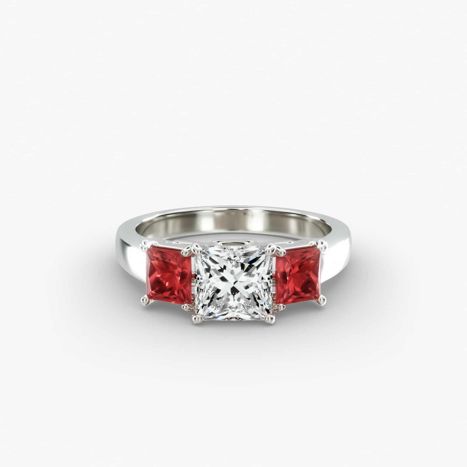 Princess Cut Ruby Three Stone Engagement Ring In 18K White Gold-11156w