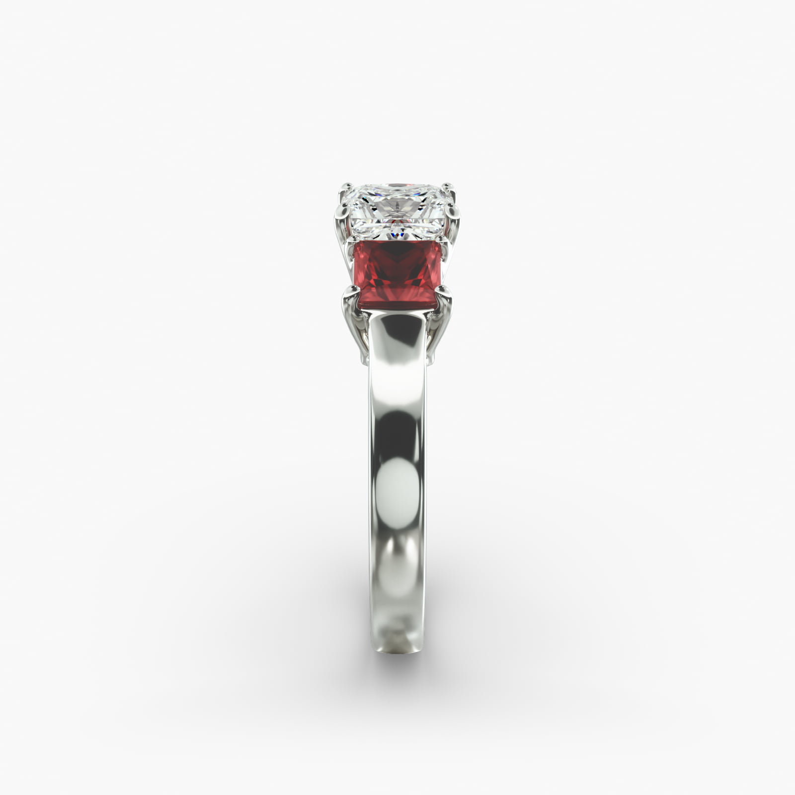 Princess Cut Ruby Three Stone Engagement Ring In 18K White Gold-11156w