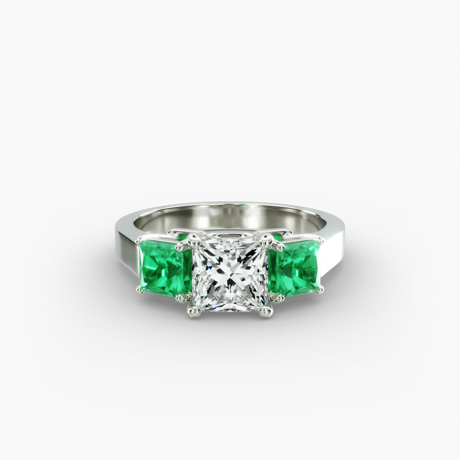 Step-Cut Emerald Three Stone Engagement Ring In Platinum-11160p