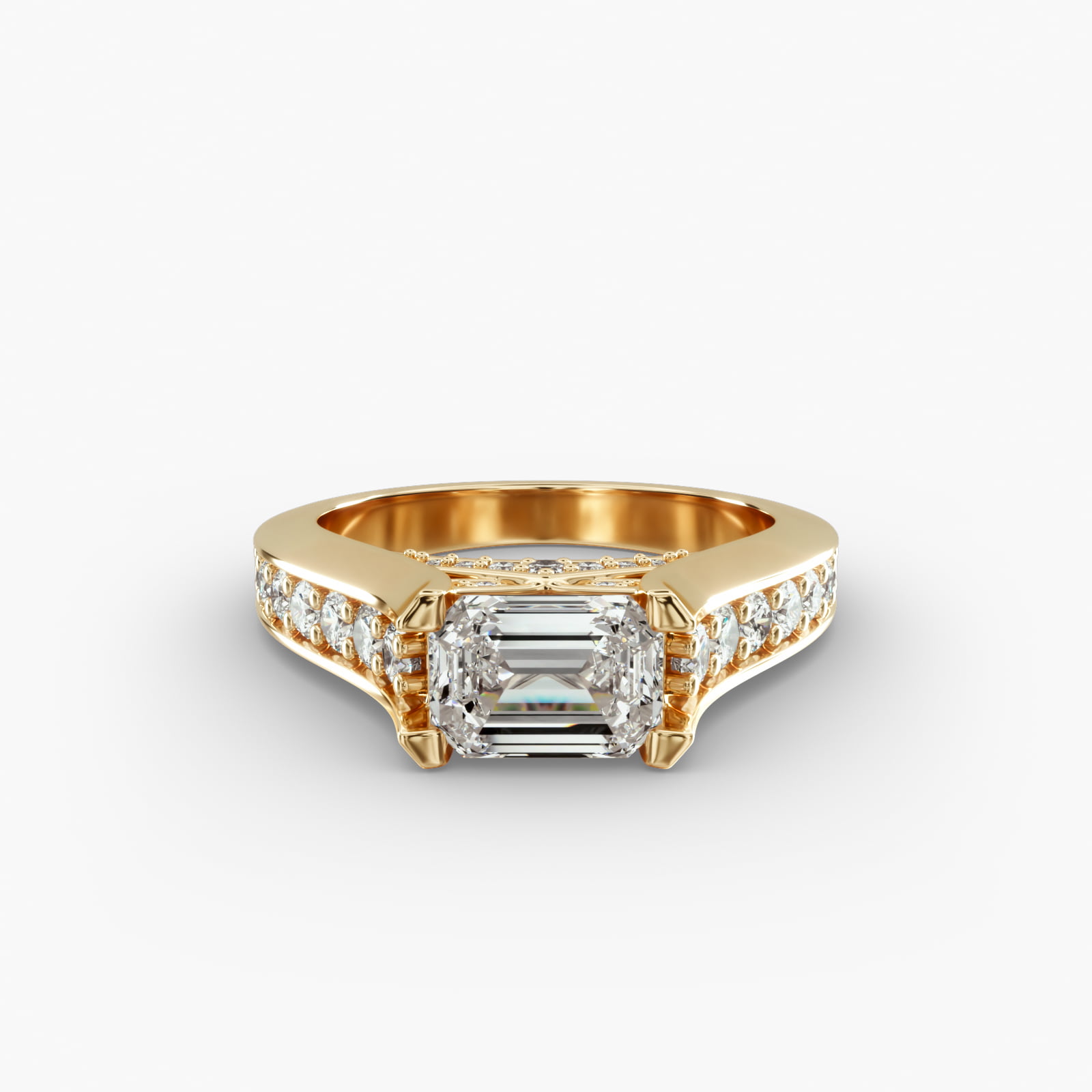 East West Graduated Pavé Diamond Engagement Ring In 18K Yellow Gold-17336y