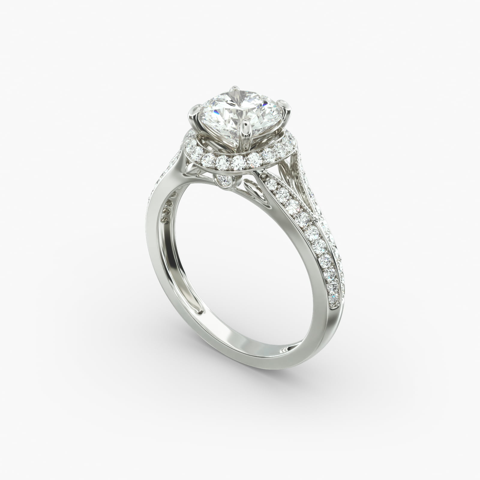 Flowering Tulip Diamond Halo Engagement Ring In 18K White Gold-17422w