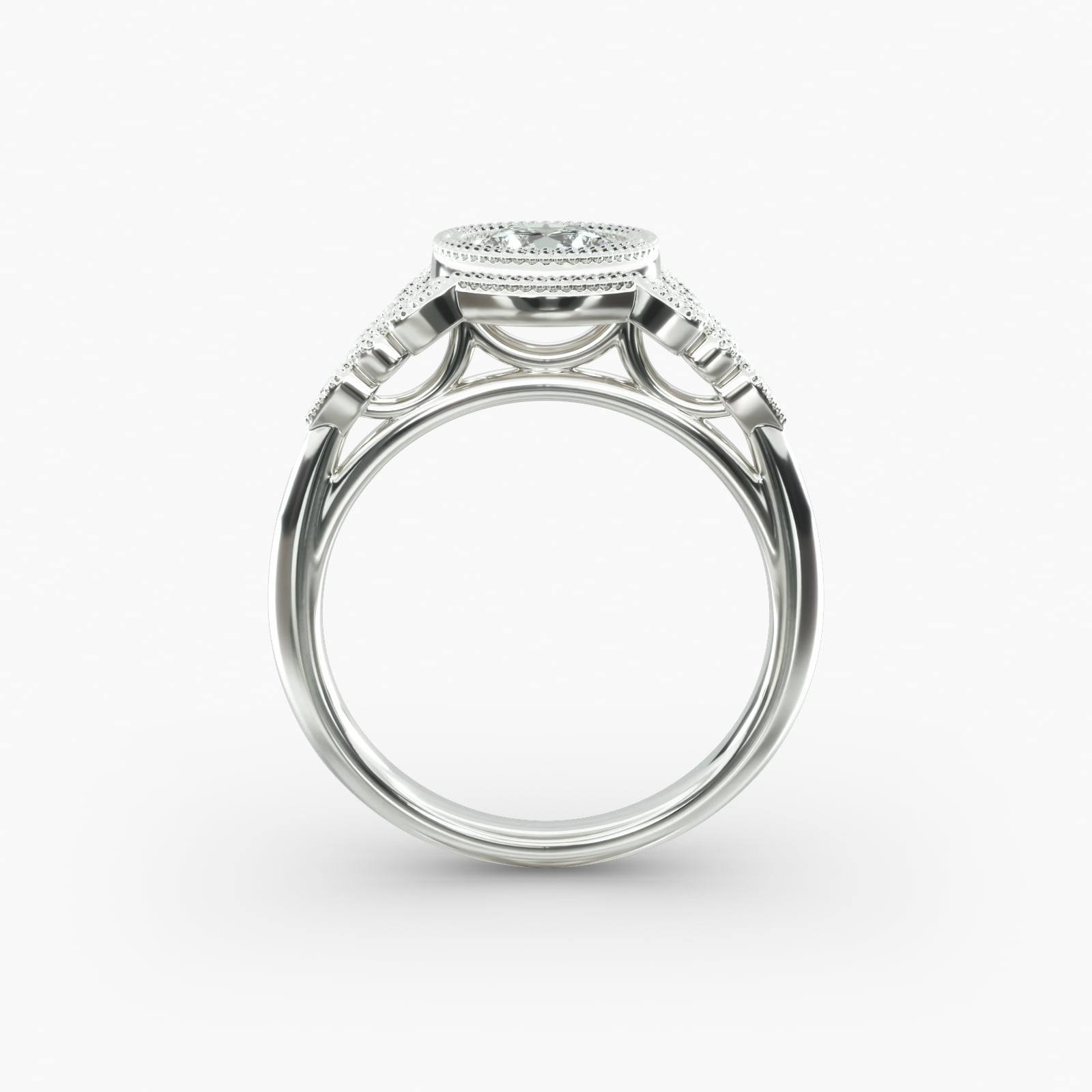 Beaded Bezel Set Side Stone Diamond Engagement Ring In 14K White Gold ...