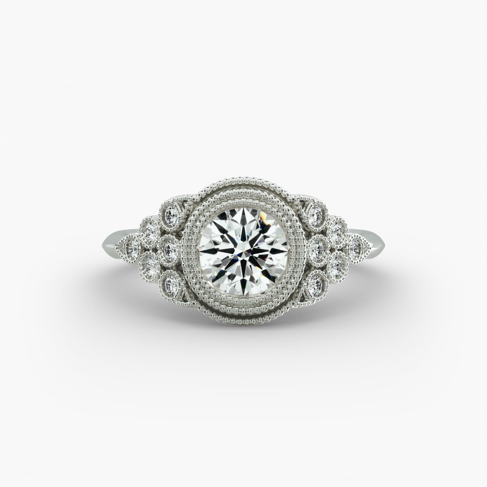 Beaded Bezel Set Side Stone Diamond Engagement Ring In 14K White Gold ...