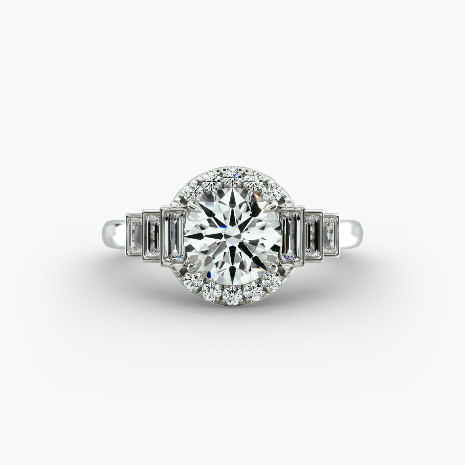 Escalating Baguette Diamond Halo Engagement Ring In 18K White Gold-18062w