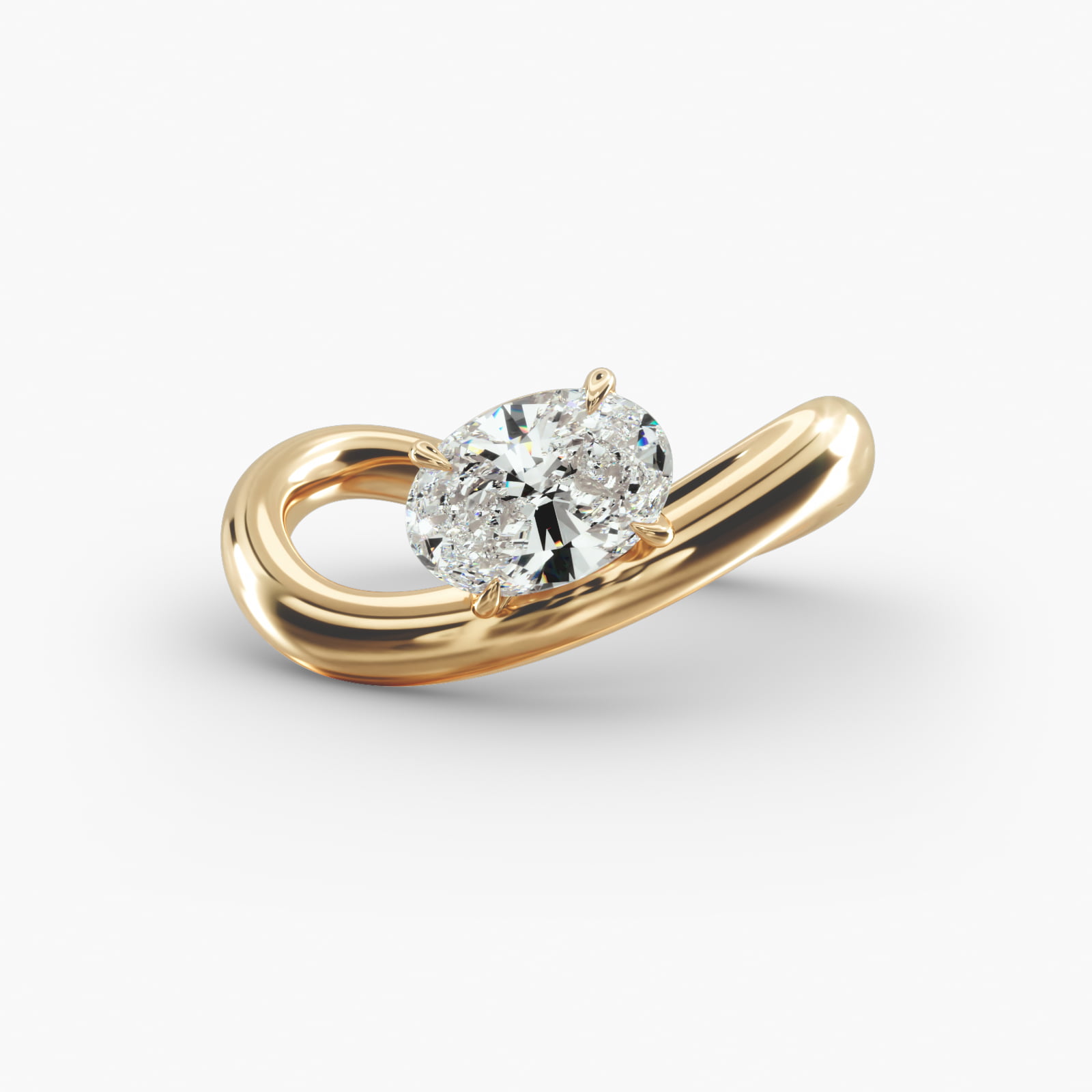 Sculptural Waves Diamond Solitaire Engagement Ring in 18K Yellow Gold with Claw Prong Set ...