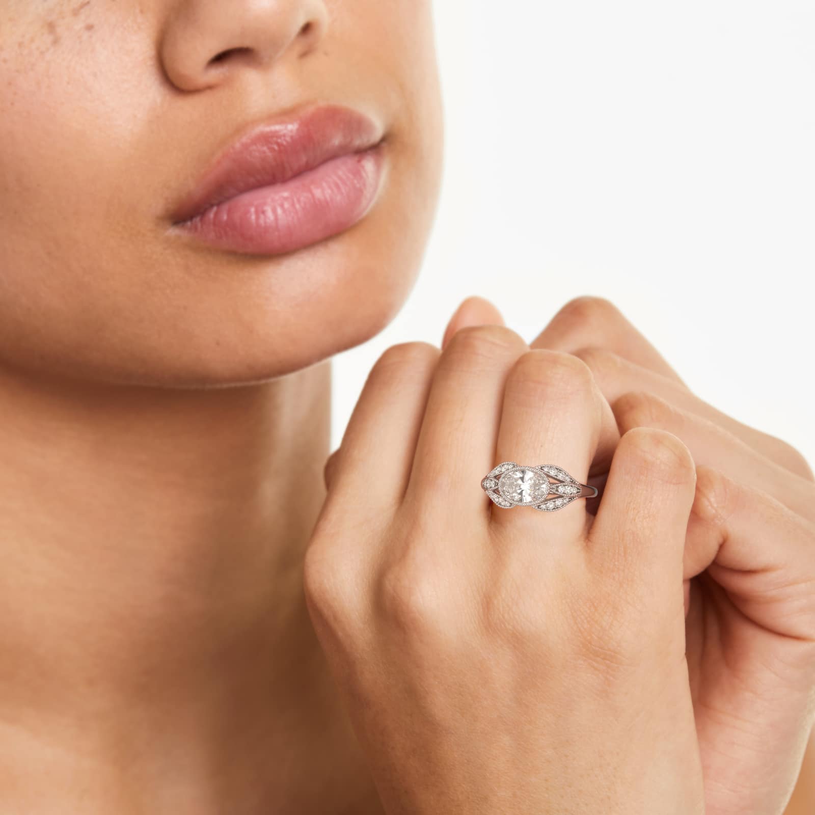 Beaded Marquise Shape Vintage-Style Engagement Ring In 18K White Gold ...