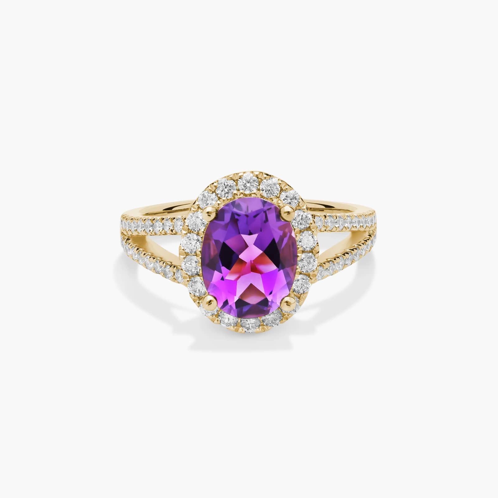Oval Amethyst and Diamond Halo Split Shank Ring in 14k Yellow Gold ...