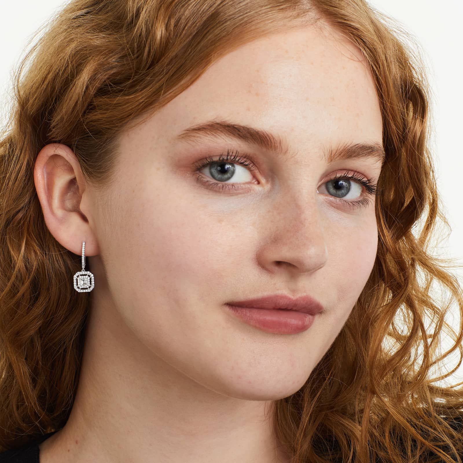 Double Frame Leverback Earrings With Asscher Cut Diamonds In 18K White ...