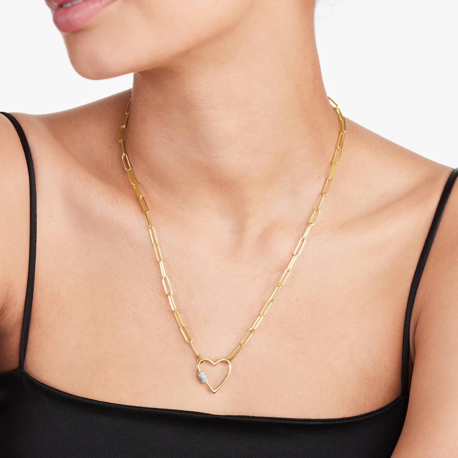Diamond Heart Lock Paperclip Split Chain Necklace In 14K Yellow Gold by ...