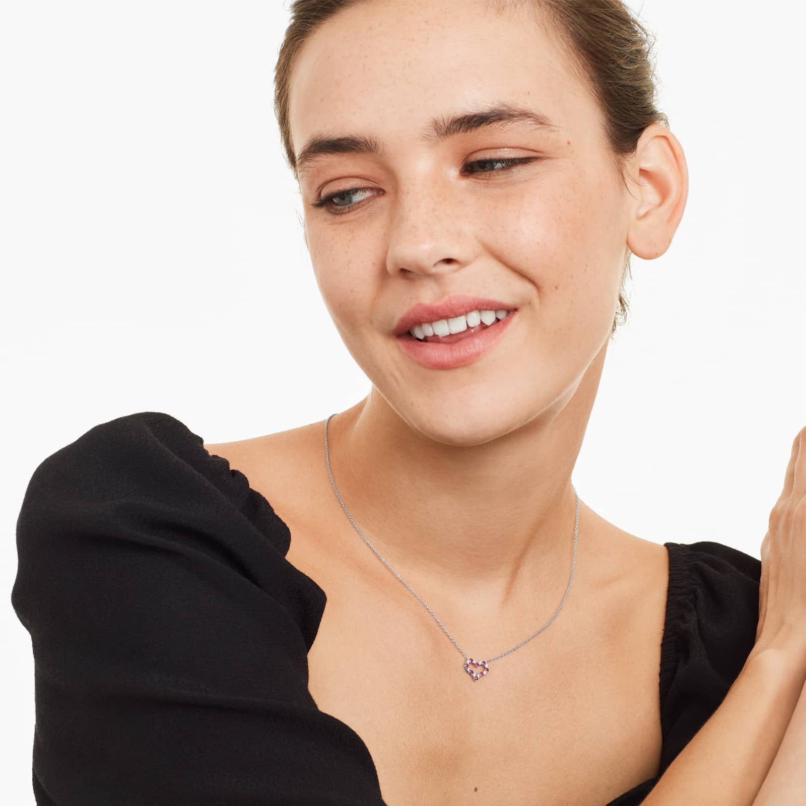 14K White Gold Heart Alternating Ruby and Diamond Necklace-8344207w14