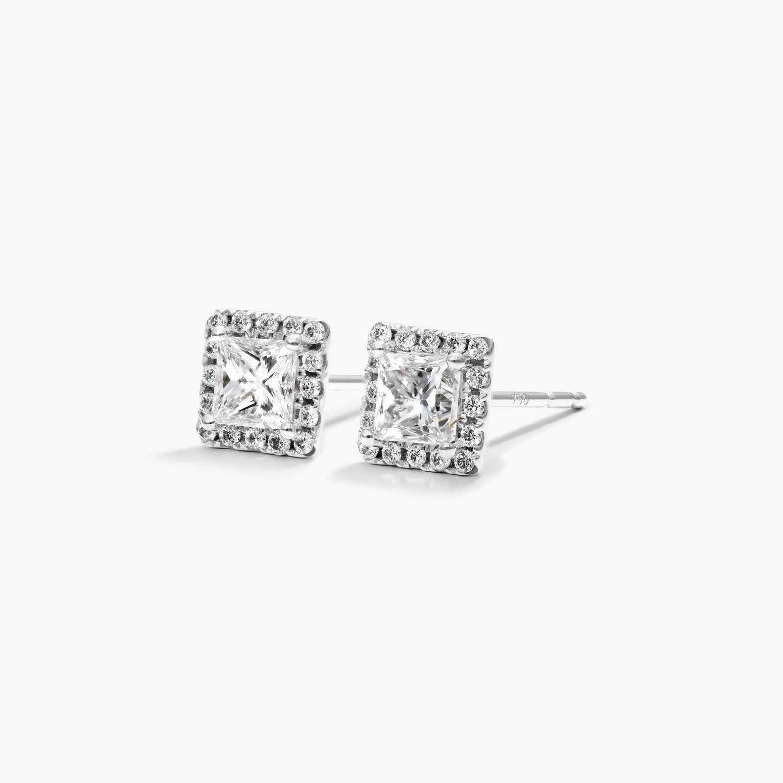 Halo Princess Cut Diamond Stud Earrings In 18K White Gold-81265w