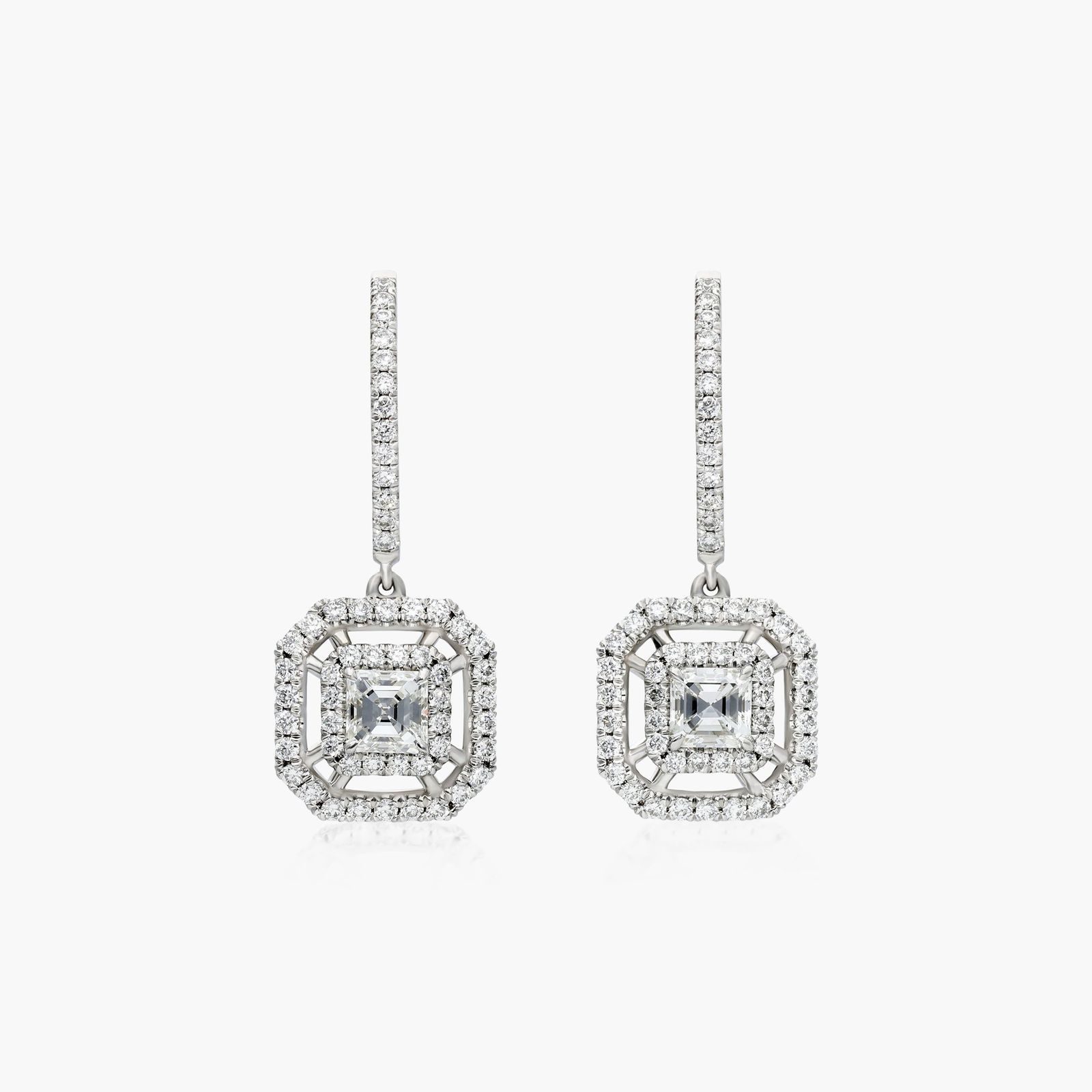 Double Frame Leverback Earrings With Asscher Cut Diamonds In 18K White ...