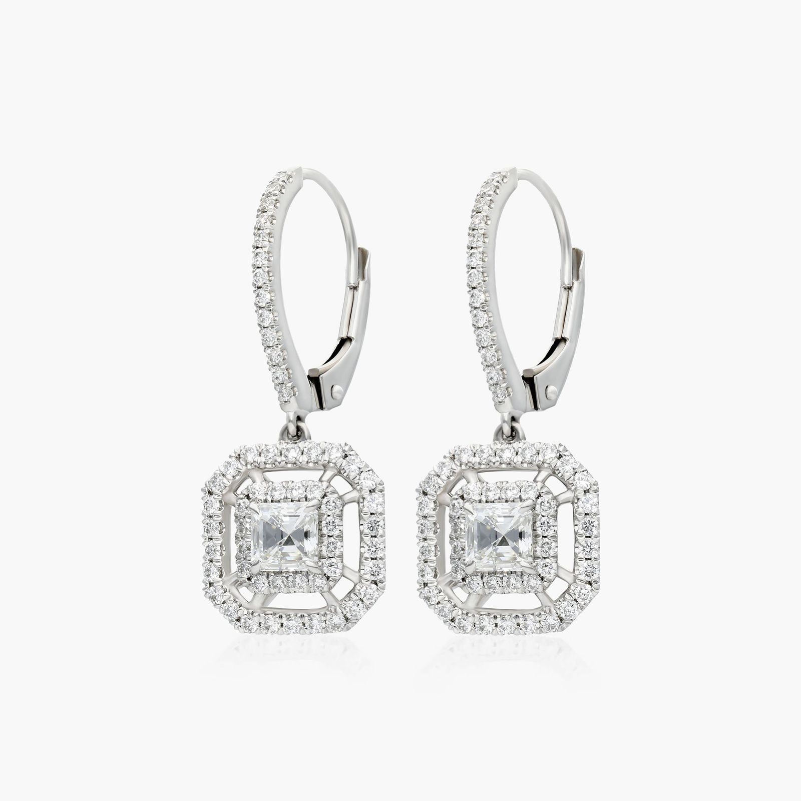 Double Frame Leverback Earrings With Asscher Cut Diamonds In 18K White ...