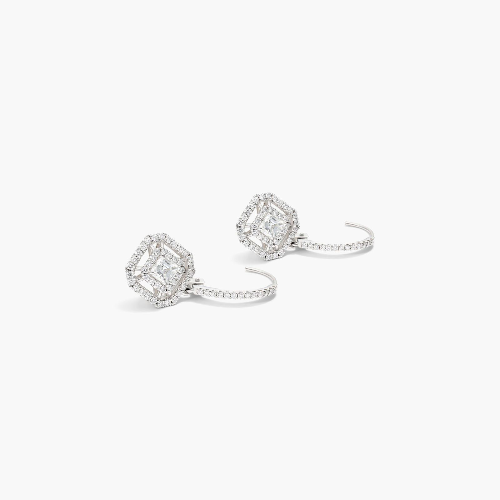 Double Frame Leverback Earrings With Asscher Cut Diamonds In 18K White ...