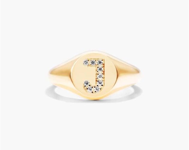 Diamond J Initial Signet Ring In 14K Yellow Gold-8148779y14