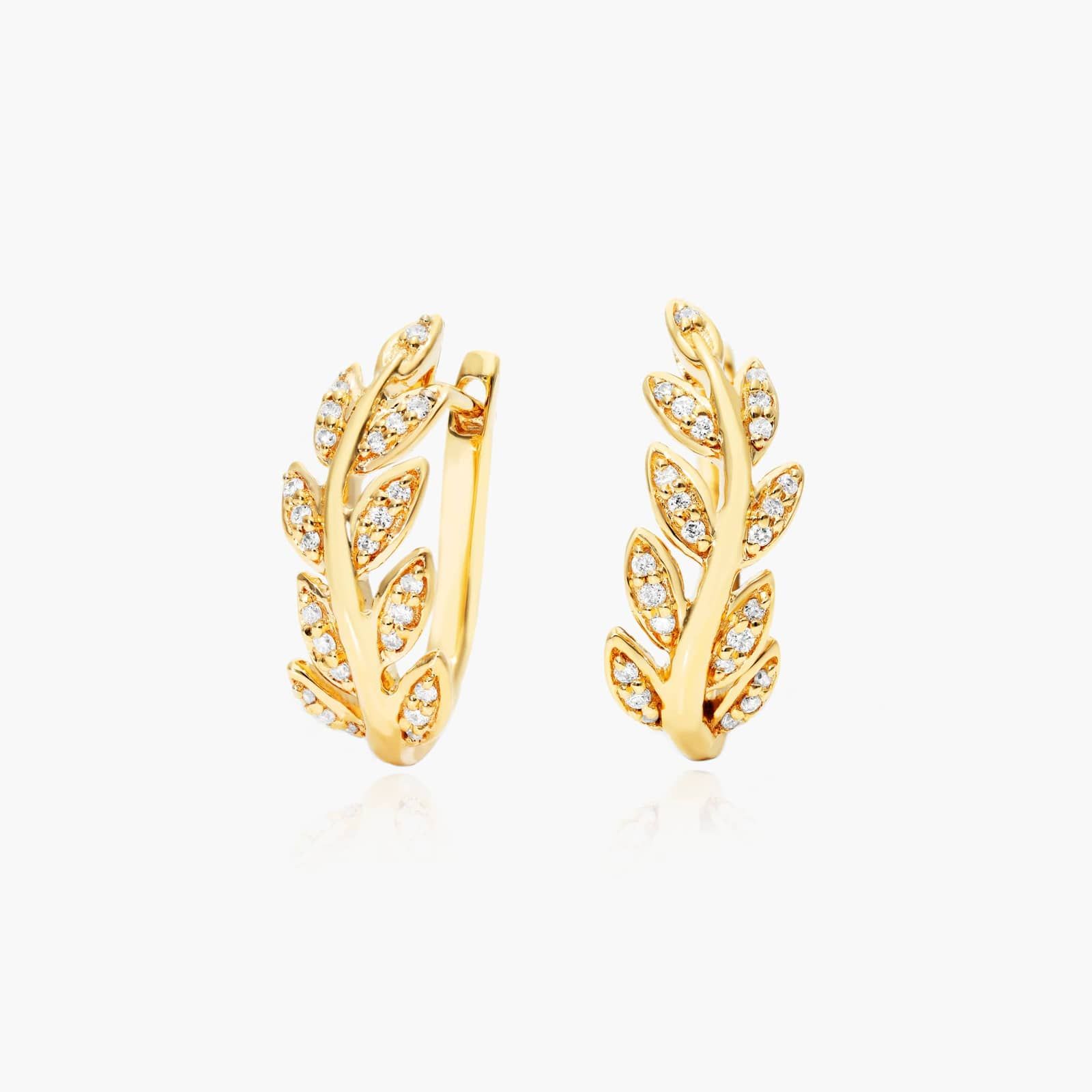Diamond Leaf Hoop Earrings In 14K Yellow Gold-81658y14