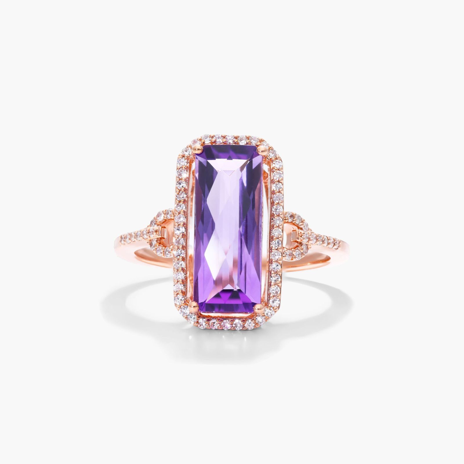Emerald Cut Amethyst And Diamond Halo Cocktail Ring In 14K Rose Gold ...